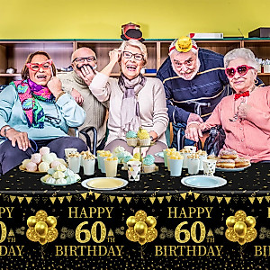 Pymurod 3Pcs 60th Birthday Tablecloth Decorations 60 Year Old Birthday Decorations Black Gold Happy 60 Birthday Table Cloth Rectangle Table Decorations 60th Birthday Party Favors