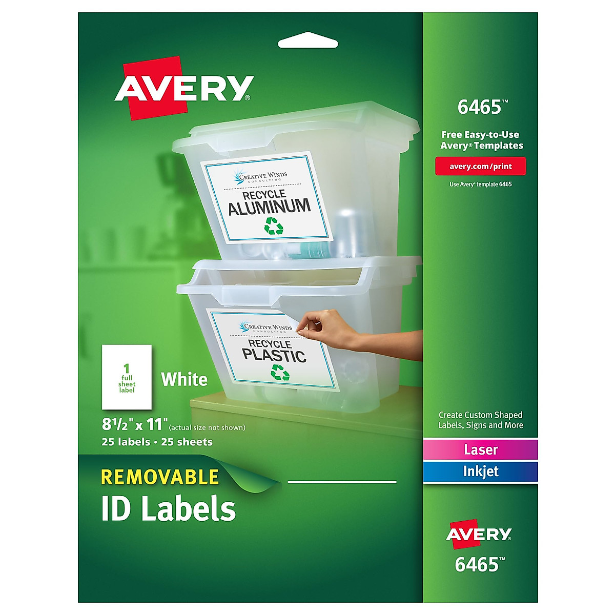 Avery Self-Adhesive Removable Laser Id Labels, White, 8.5 x 11 inches, 25 per Pack (6465)