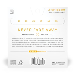 D'Addario Guitar Strings - XS Phosphor Bronze Coated Acoustic Guitar Strings - XSAPB1256 - Maximum Life with Smooth Feel & Exceptional Tone - For 6 String Guitars - 12-56 Light Top/Medium Bottom