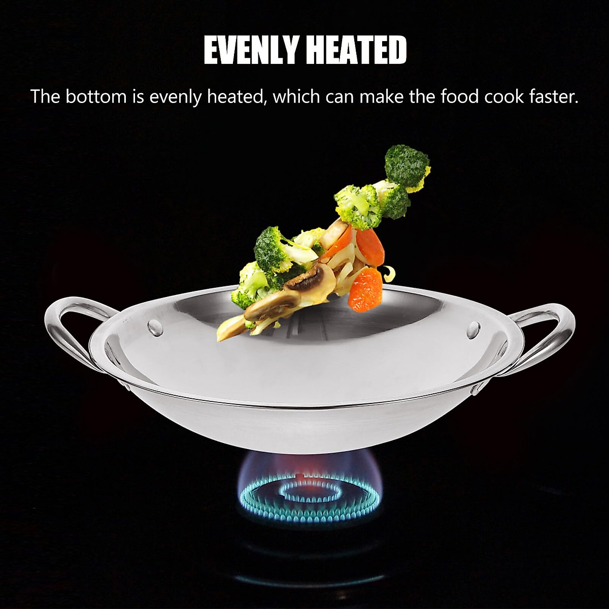 MAGICLULU Paella Pan Stainless Steel Wok Stir Fry Pans with Double Handle 24cm Cooking Pan Round Bottom Frying Pan Stew Pot Skillet Works Casserole Pots Pans