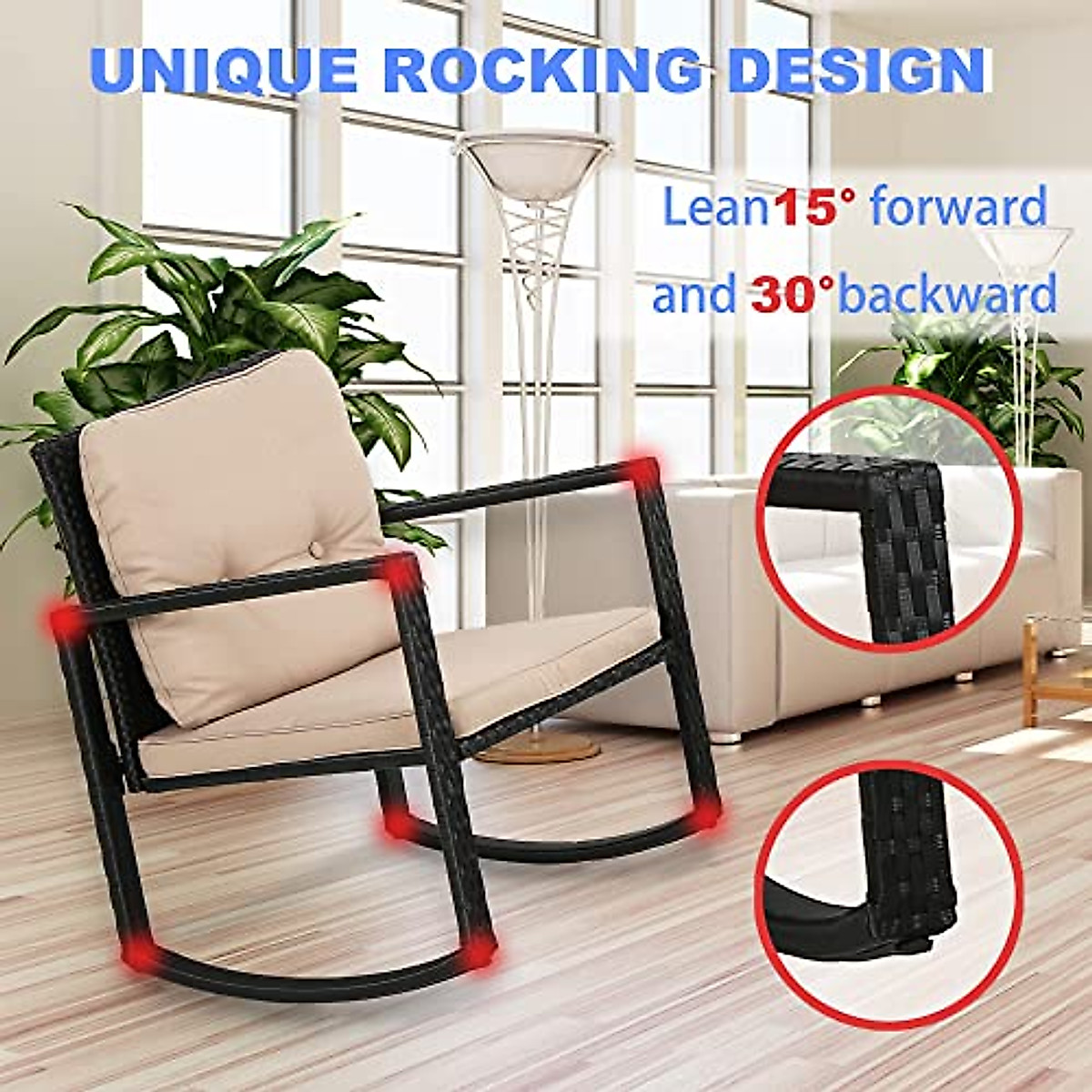 Wicker Patio Furniture Sets 3 Piece Outdoor Bistro Set Rocking Chair Patio Set Rattan Chair Conversation Sets for Backyard Porch Poolside with Coffee Table,Black