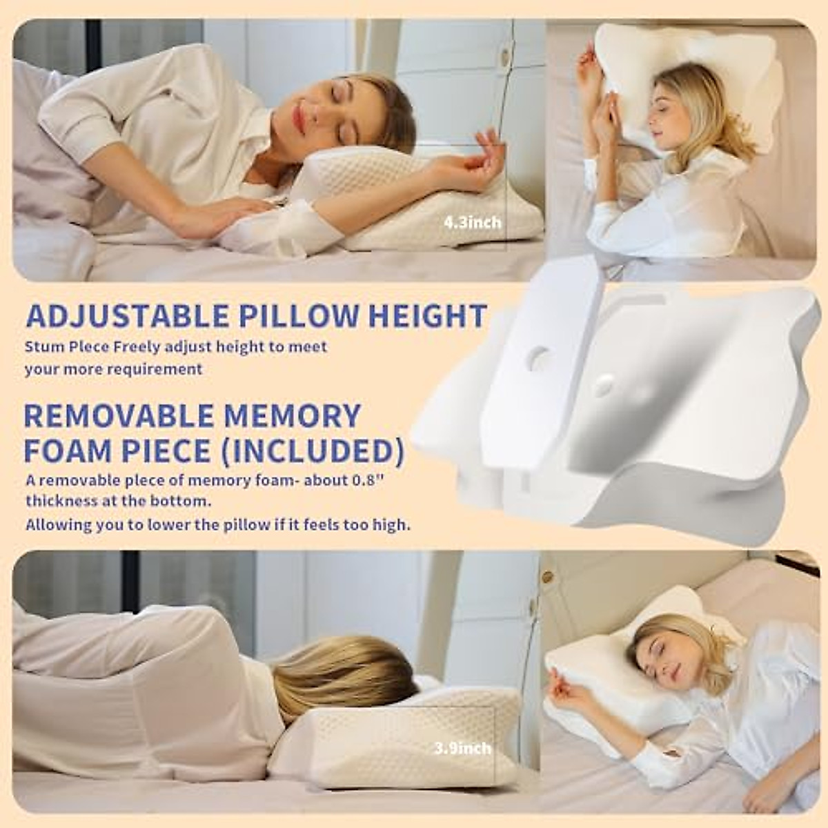 Cervical Pillow for Neck Pain Relief, 2-Way Adjustable Orthopedic Pillow with Cooling Case, Hollow Design Contour Memory Foam Neck Support Pillow for Side, Back and Stomach Sleepers - White