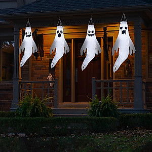 4 Pcs 45 Inch Halloween Hanging Ghost Decorations Outdoor Ghost Windsock Outsider Waterproof Timed Hanging Ghost Decorations Remote Control String of Lights Tree Ghost (Warm and Cold Lights)