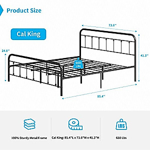 TABU Cal King Platform Bed Frame with Headboard & Footboard, Heavy Duty Metal Bed Frame with Strong Slat Support, Vintage Style Mattress Foundation, No Box Spring Needed (Cal King/Black)