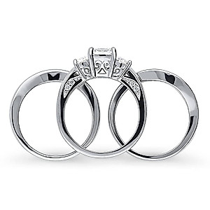 BERRICLE Sterling Silver 3-Stone Wedding Engagement Rings Cushion Cut Cubic Zirconia CZ Ring Set for Women, Rhodium Plated Size 6.5