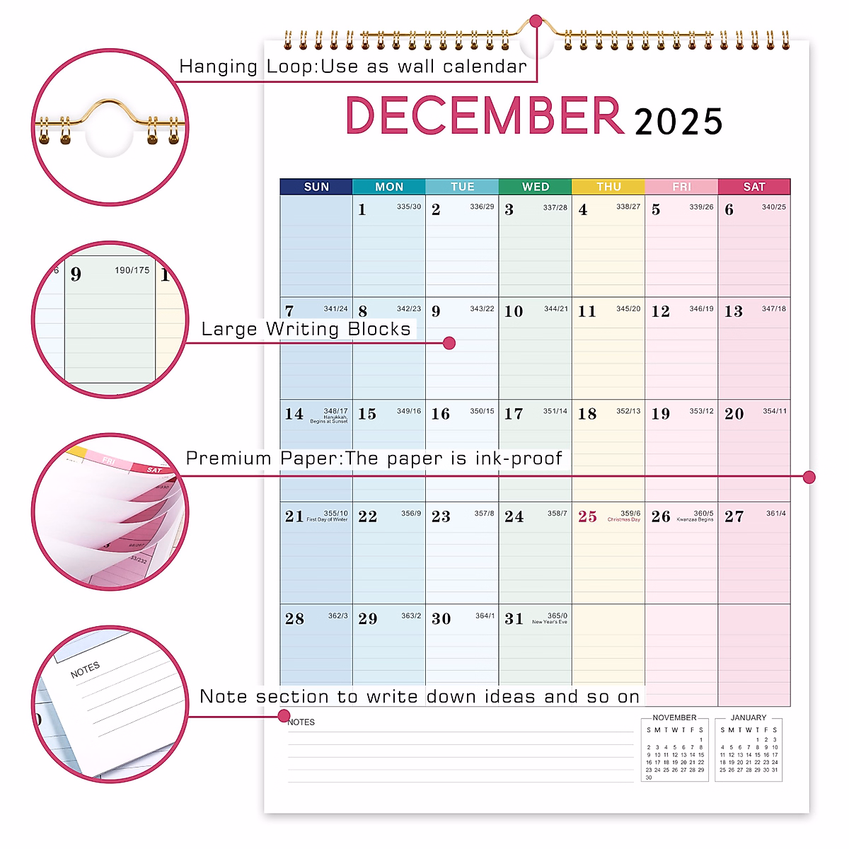 Wall Calendar 2023-2024 - Calendar 2023-2024, Jan. 2023 - Jun. 2024, 12" x 17", 2023 Wall Calendar with Thick Paper, Twin-Wire Binding + Hanging Hook + Large Blocks with Julian Dates - Colorful Lump