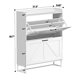 Urban Deco Wooden Shoe Storage Cabinet for Entryway, Organizer Shoe Cabinet with 2 Flip Drawers, Elegant 2 Tier Freestanding Shoe Organizer (White)