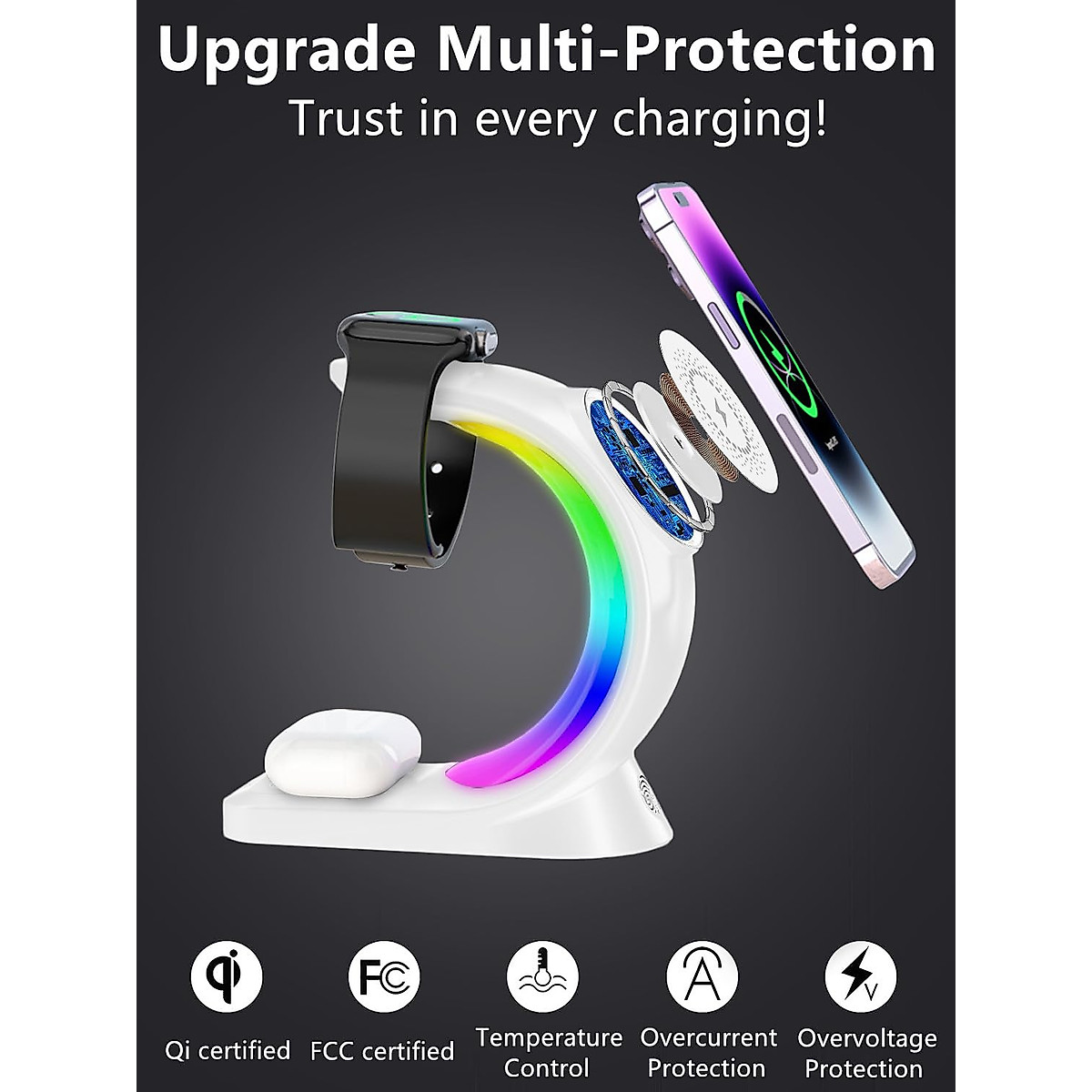 Mag-Safe 3 in 1 Wireless Charging Station, [6-Color RGB Light] 15W Fast Magnetic Wireless Charger Stand for Multiple Devices Apple, for iPhone 15 14 13 12 Pro Max/Plus/Pro, for iWatch 2 to 9