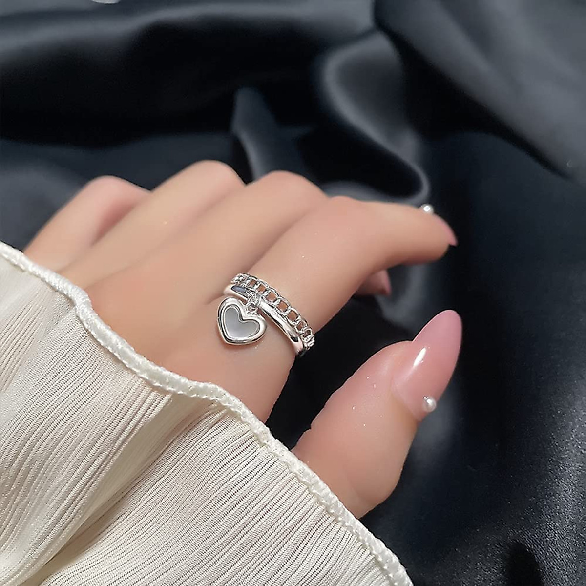 Shell Heart Charm Dangle Open Finger Ring Adjustable Open Stacking Statement Double Layer Chain Bands Fashion Promise Eternity Rings for Women Teen Girls Bride Wife Jewelry Aniversary Wedding Valentines Gifts