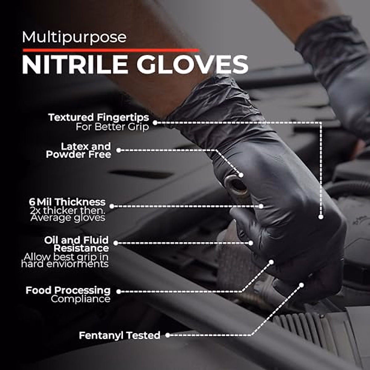 London Labs Heavy Duty Black Nitrile Exam Gloves 6Mil Disposable Industrial Powder & Latex Free (1000, Large)