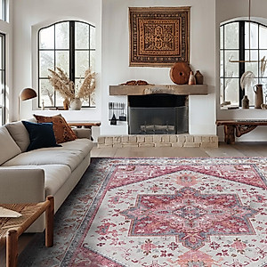 BRICHOEE 8x10 Rugs for Living Room Boho Washable Rug Large Non-Slip Distressed Area Rug Oriental Neutral Print Floor Rug Indoor Stain Resistant, Berry Multi