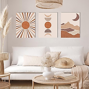 Boho Wall Art Prints, Boho Wall Decor, Mid Century Modern Wall Art Set of 3 Abstract Geometric Prints Beige Terracotta Minimalist Art, Canvas Framed Wall Art for Living Room Bedroom 16"x24"