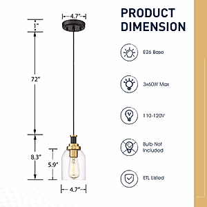 zeyu Modern Hanging Pendant Lights 2 Pack, Kitchen Pendant Lighting with Clear Glass Shade, Black and Gold Finish, ZG33M1L-2 BK+BG