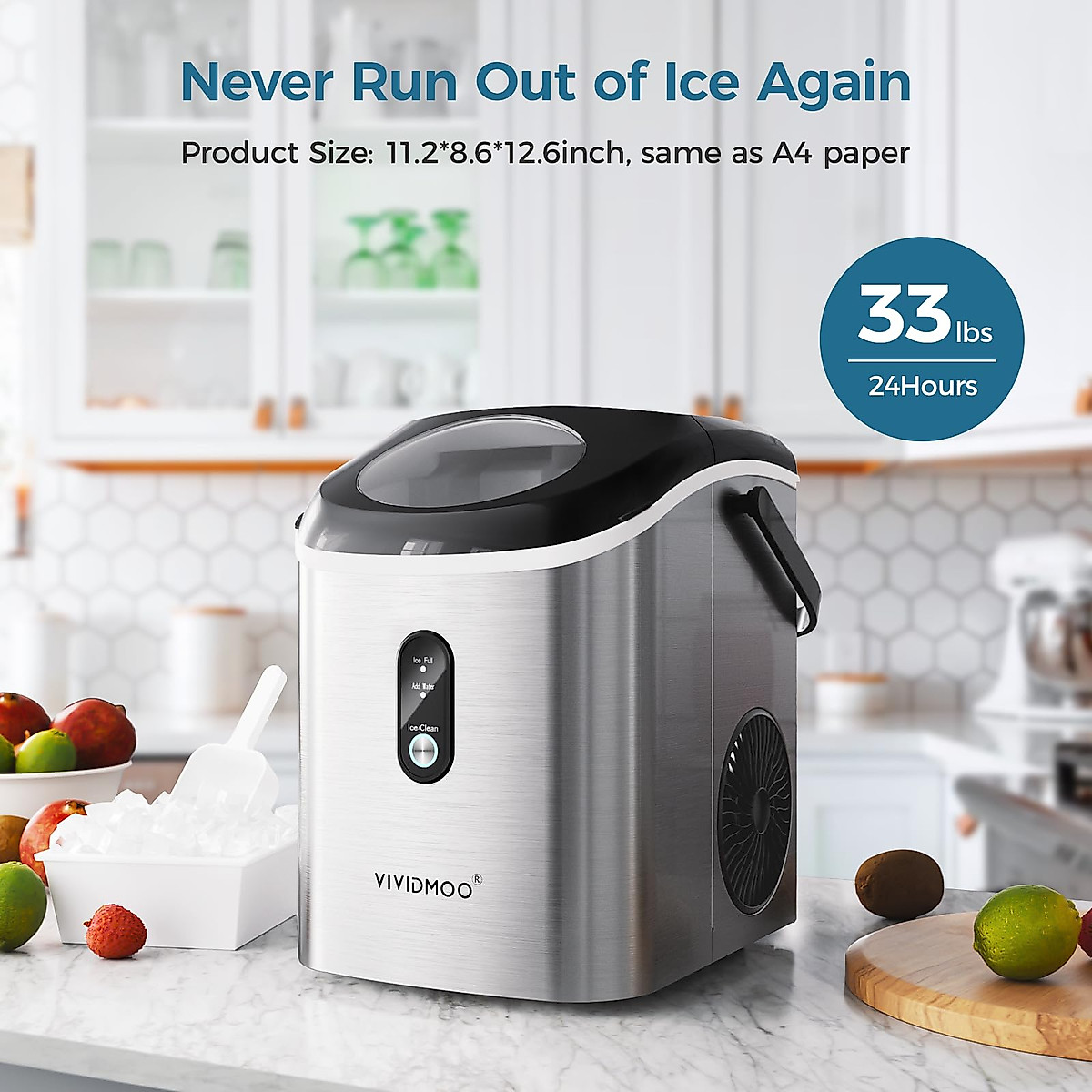 Vividmoo Ice Makers Countertop with Handle,33Lbs/24H,Portable Ice Maker Machine with Self-Cleaning,Perfect for Home Kitchen(Sliver)