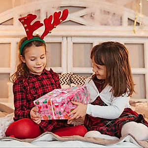 Pink Christmas Wrapping Paper, Baby Pink Merry Christmas Xmas Santa Snowman Wrapping Paper with Pink Ribbon 7 Folded Sheets 28x20 Inches Santa Wrap Paper for Kids Girls Women Christmas Holidays