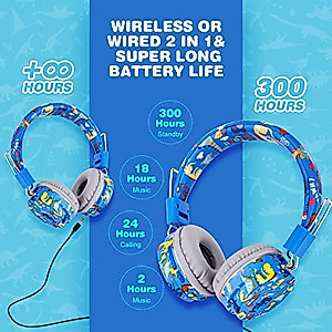 QearFun Dinosaur Headphones for Boys Kids for School, Kids Bluetooth Headphones with Microphone & 3.5mm Jack, Teens Toddlers Wireless Headphones with Adjustable Headband for Tablet/PC (Blue)