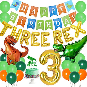 Dinosaur Birthday Decorations for Boy Three Rex Birthday Decorations Dinosaur Party Supplies 3 Year Old - Three Rex Balloons Dino Cake Topper Happy Birthday Banner
