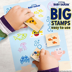 Creative Kids Baby Shark Stamp Set 36 Piece Wooden Stamps Set Includes Ink Pads, Stickers, Markers, Picture Frames - Montessori Wood Stamp Birthday Gift Set for Girls & Boys Toddlers Ages 3+