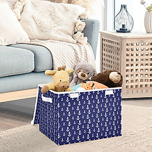 Kigai Storage Basket Nautical Anchor Blue Storage Boxes with Lids and Handle, Large Storage Cube Bin Collapsible for Shelves Closet Bedroom Living Room, 16.5x12.6x11.8 In