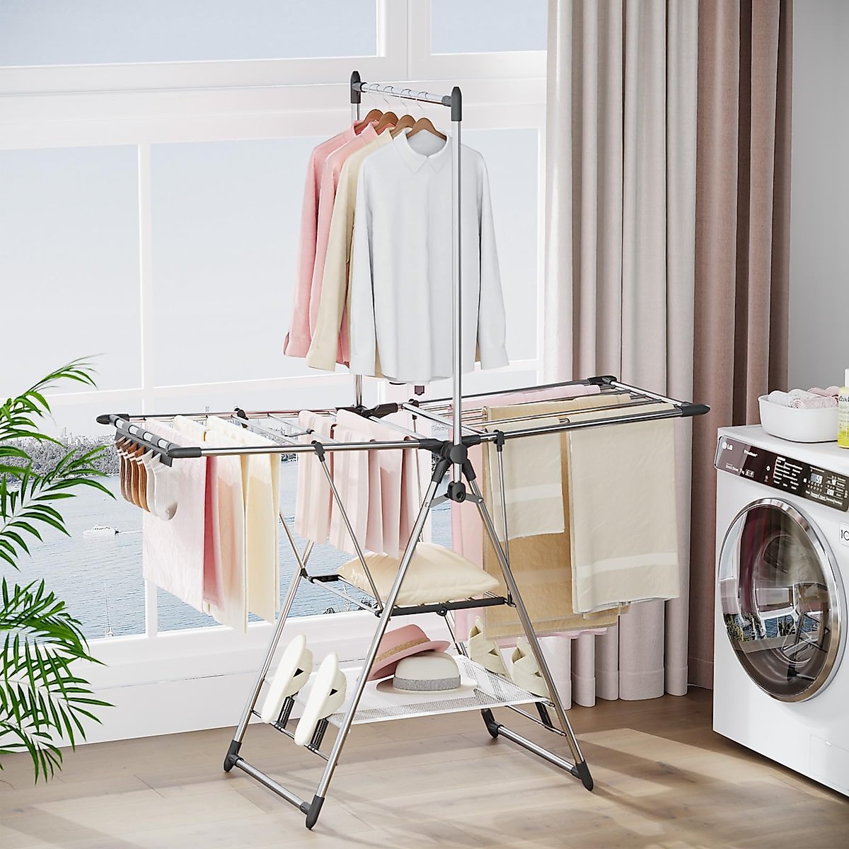 APEXCHASER Clothes Drying Rack with High Hanger, Foldable 3-Level Drying Racks with Shoe Rack, Crossbar and Vertical Rod Laundry Stand with Adjustable Wings