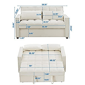 Aoowow 58 Inch Convertible Sleeper Sofa, Velvet Loveseat Sleeper Pull Out Sofa Bed Convertible Loveseat with Adjustable Backrest, 2 Pillows and Side Pockets for Living Room Small Spaces (Beige)
