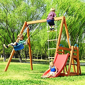 Kiriner Wooden Swing Set with Slide, Outdoor Playset Backyard Activity Playground Climb Swing Outdoor Play Structure for Toddlers, Ready to Assemble Wooden Swing-N-Slide Set Kids Climbers