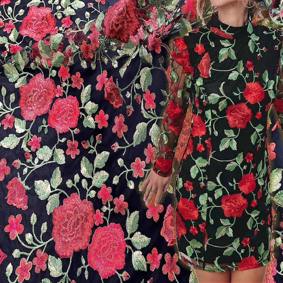 Buchuang DIY Design Fabric, Unique Black Mesh with Red Color Fabric, 71''x59'' is 1 Piece Premium Quality Perfect for Skirt & Dress Fashion, Cloth DIY, and Embroidery Lace Fabric Design(2Yards Black)