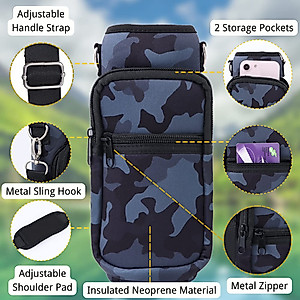 Insulated Neoprene Water Bottle Carrier Holder Sleeve - Fits 64oz Sport Water Bottle, with Adjustable Shoulder Strap & Pockets, Water Bottle Sling Bag Punch Cover for Gym Outdoor Camping Hiking(Black