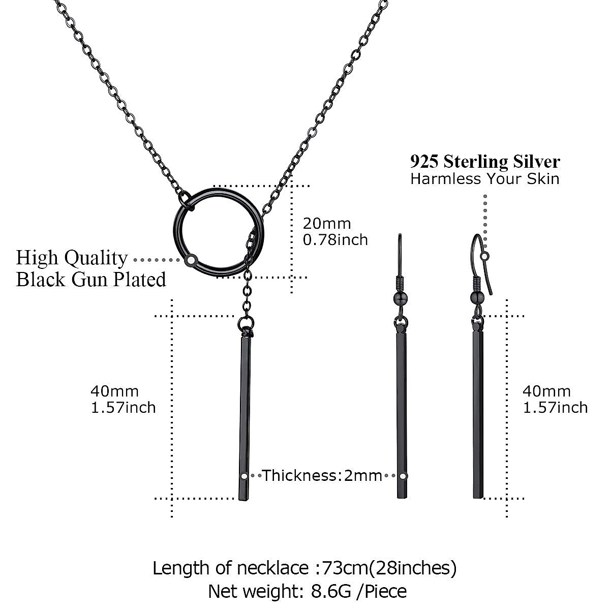 FOCALOOK Black Necklace Earrings Set for Women Long Black Lariat Chain with Drop Vertical Bar Earrings Jewelry Set