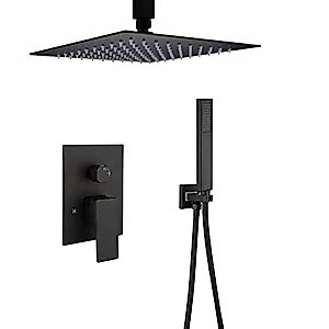 Matte Black Ceiling Mount 12 inch Rainfall Shower Head 2 Way Shower Faucet Rough-In Valve Body and Trim Included