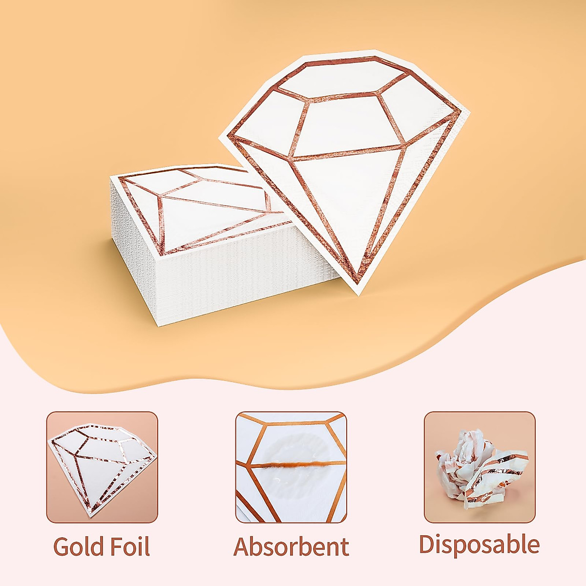DYLIVeS Rose Gold Foiled Diamond Napkins, Diamond Shape Cocktail Paper Party Napkins Disposable for Baby Shower, Luncheon, Bridal Shower Birthday Party Supplies Decoration, 6.5 Inch (Pack of 50)