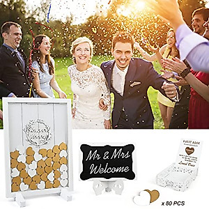 Yeghujar Wedding Guest Book Alternative, 80Pcs Gold & White Wooden Hearts for Guest Book, Pen Sign Drop Wooden Frame and Blackboard, Rustic Guest Book Alternative Wedding Signs Reception Decorations