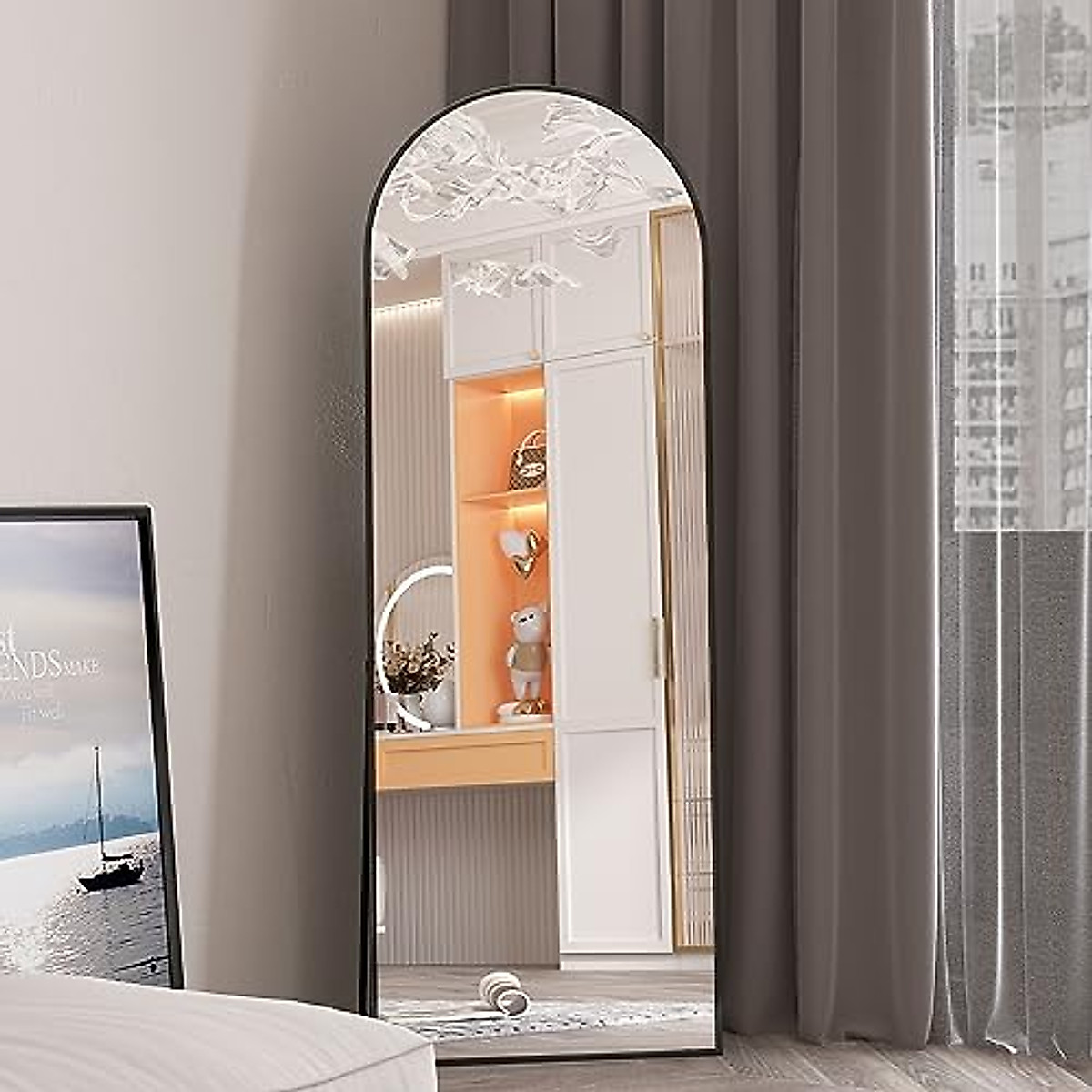 Elemango 64"x21" Arched Floor Mirror Full Length Mirror, Full Body Wall Mirror with Aluminum Frame, Arched-Top Full Mirror Standing Hanging or Leaning, Dressing Mirror for Bedroom Living Room, Black