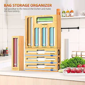 9 IN 1 Storage Bag Organizer for Kitchen Drawer, Bamboo Foil and Plastic Wrap with Cutter, Kitchen Organizers and Storage, Compatible with Gallon, Quart, Sandwich and Snack Variety Size Bag