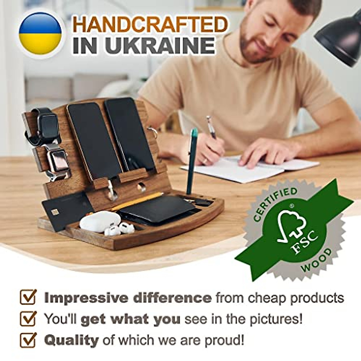 TESLYAR Natural Walnut Wood Phone Docking Station Phone Key Holder Wallet Stand Watch Organizer Men Husband Wife Anniversary Dad Birthday Nightstand Purse Father Graduation