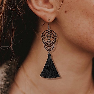 Halloween Skull Tassel Drop Dangle Earrings Black Women Girls' Handmade Punk Gothic Skeleton Fashion Statement Jewelry Lightweight Dead Day Cosplay Costume Party Favor Gift