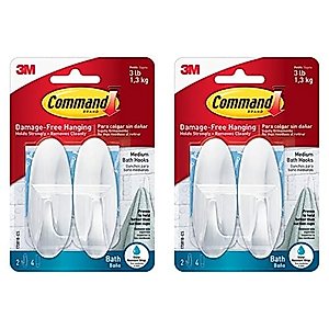 Command Medium Designer Bath Hooks, White, 2-Hooks, 4-Water-Resistant Strips, Organize Damage-Free (Pack of 2)