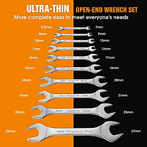 Royars 3mm Super Thin Wrench Set, 10-PSC Slim Wrench Set, Full Set 5.5 to 27mm, Open End Wrench Set, Chrome Mirror Polished, Thin Wrenches Set Metric with Rolling Pouch for Narrow Nuts and Bicycle