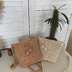 JBRUN Women Straw Crossbody Purse Beach Handmade Woven Shoulder Bag Cotton Crochet Tassel Square Bag Bohemian Messenger Bag (E-Brown)