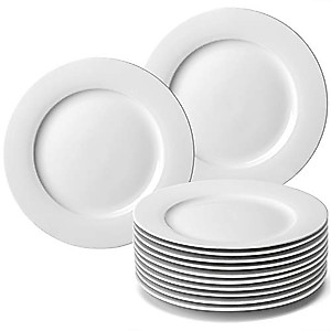 amhomel 12-Piece White Porcelain Dinner Plates, Round Dessert or Salad Plate, Serving Dishes, Dinnerware Sets, Scratch Resistant, Lead-Free, Microwave, Oven and Dishwasher Safe (10.5-inch)