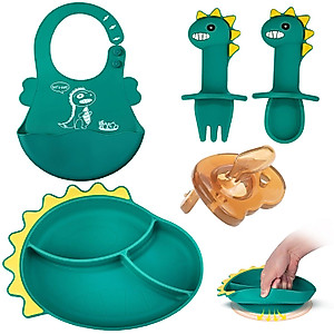 5 Pack Silicone Baby Feeding Set, 1 Pack Divided Toddler Suction Plates 1Pack Fork and Spoon with 1Pack Baby Bibs, Baby Led Weaning Supplies Baby Dishes Set Infant Self Feeding Eating Utensils - Green