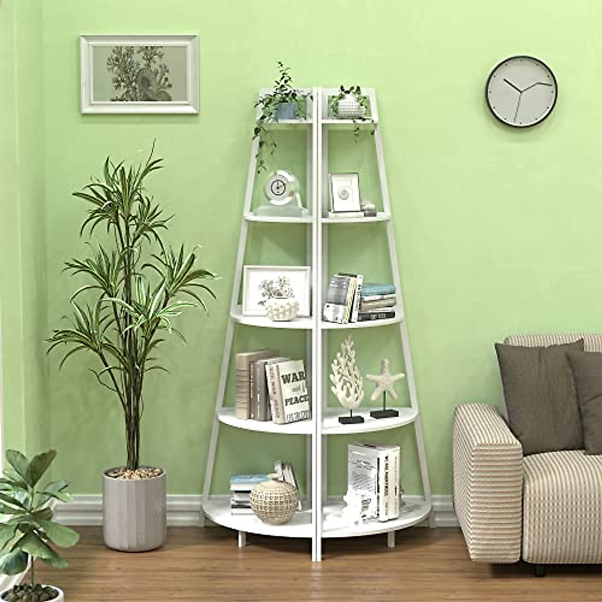 WTZ Corner Shelf, 5 Tier Bookshelf, 70.8 Inch Tall Bookcase, Open Ladder Book Case, Modern Bamboo Corner Storage Bookshelf Stand in Living Room, Bedroom, Office, Kitchen, White