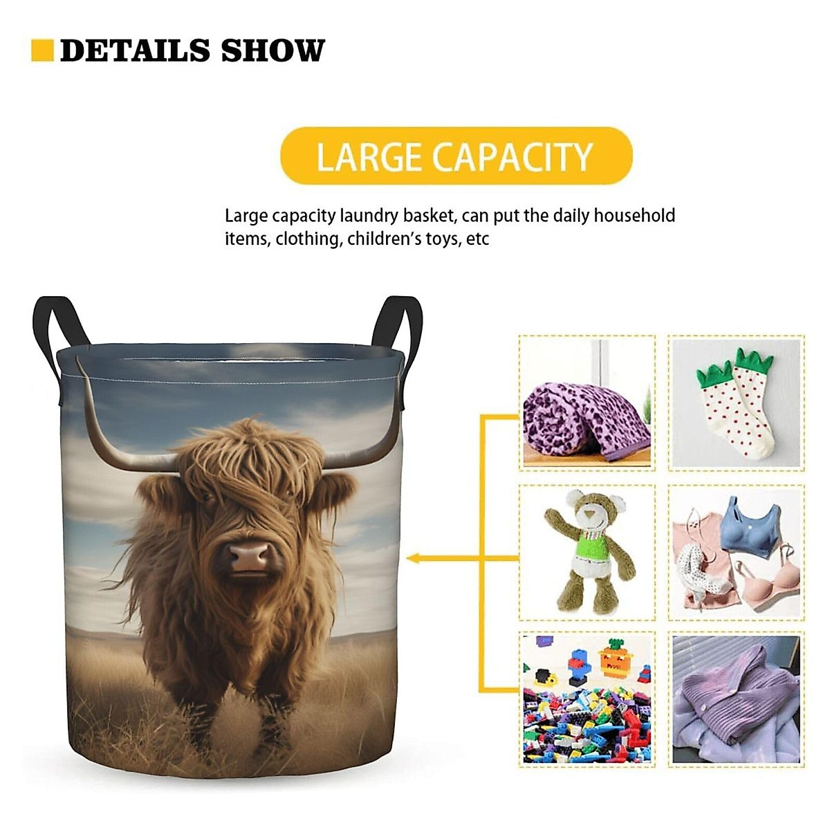 Foruidea Highland Cow Laundry Basket,Laundry Hamper,Collapsible Storage Bin, Oxford Fabric Clothes Baskets,Nursery Hamper For Home,Office,Dorm,Gift Basket