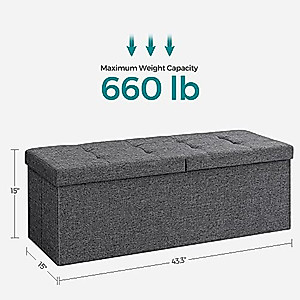 SONGMICS 31.7-Gal Storage Ottoman Bench, Folding Storage Chest, Footstool with Flip-Up Lid, Padded Seat, 43.3 x 15 x 15 Inches, Up to 660 lb, Dark Gray ULSF76GYZ