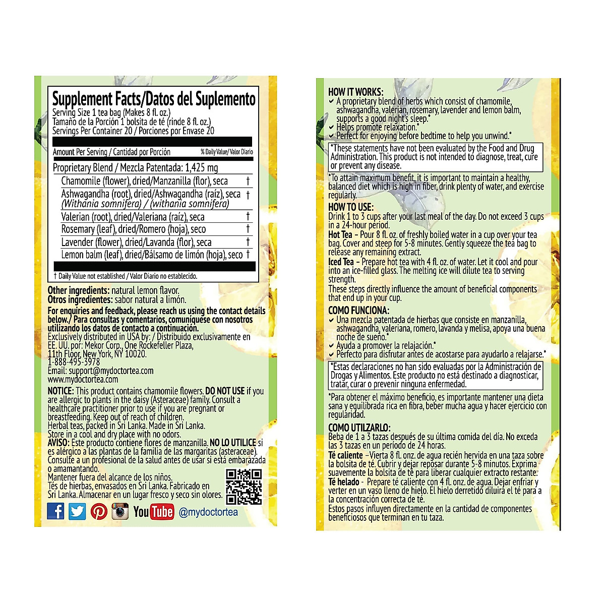 Dr. Tea Good Night Tea with Chamomile - Lemon Flavor - 20 Tea Bags