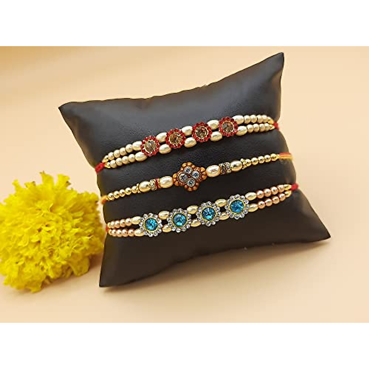 Palak Global Rakhi Bracelet, Wrist Band. Fancy unique beautiful stones blue white, red stones, gift celebration (Fancy Rakhi Set of 3 - Design 1, Small) (PLK32)