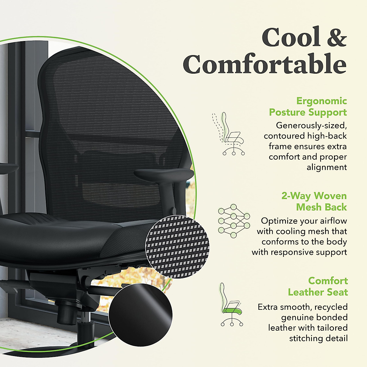 HON Wave High Back Office Chair Ergonomic Office Chair with Leather Seat, Breathable Back Mesh Desk Chair With Wheels and Arms, 360 Swivel, Synchro-Tilt Recline - Comfortable Home Office Desk Chair