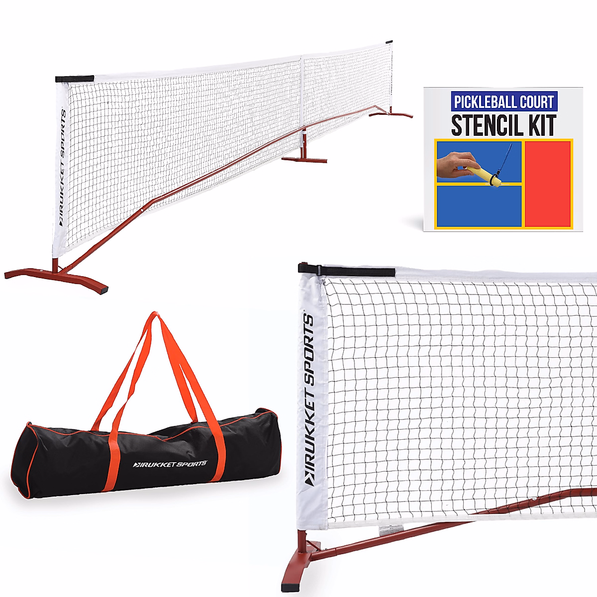 Rukket Sports Portable Pickleball Net System - Regulation Size 22ft Wide x 36in Tall - Powder Coated Steel Frame with 15-Ply Knotted PE Netting - Includes Pickleball Court Marking Kit