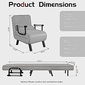 VAMEPOLE Sleeper Chair Bed, 20" Convertible Sofa Bed, 4 in 1 Folding Bed with 5-Position Adjustable Backrest & Pillow, Lazy Chaise Lounge Couch, Small Futon Chair Couch for Small Spaces (Light Grey)