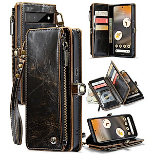 Defencase for Pixel 6A Case, Google Pixel 6A Case Wallet for Women and Men, Luxury PU Leather Magnetic Flip Closure Wrist Strap Zipper Card Holder Slot Wallet Phone Case for Google Pixel 6A, Coffee